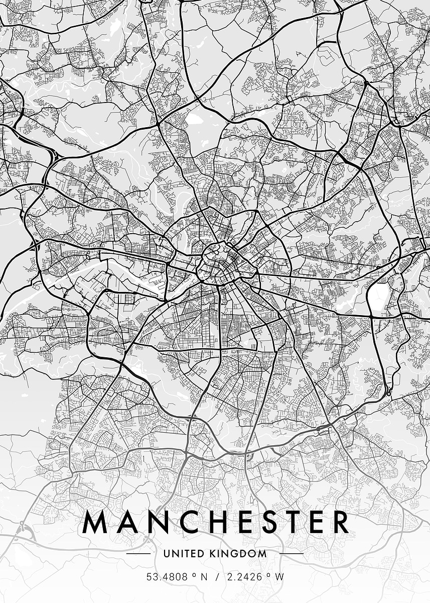 'Manchester City Map White' Poster, picture, metal print, paint by MVDZ ...
