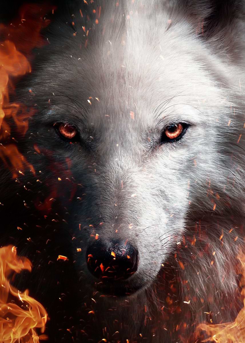 'Wolf face on fire artwork ' Poster, picture, metal print, paint by mk ...