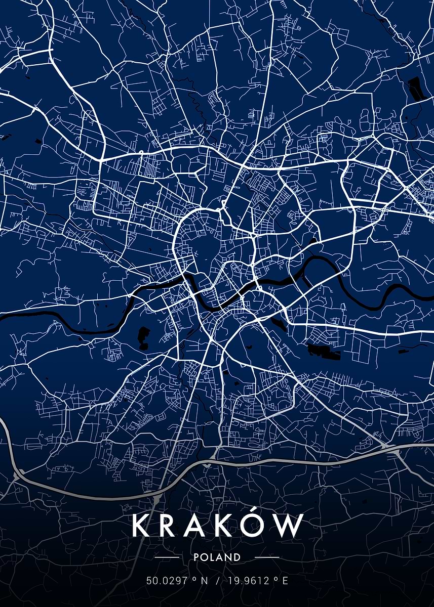 'Krakow City Map Blueprint' Poster, picture, metal print, paint by MVDZ ...