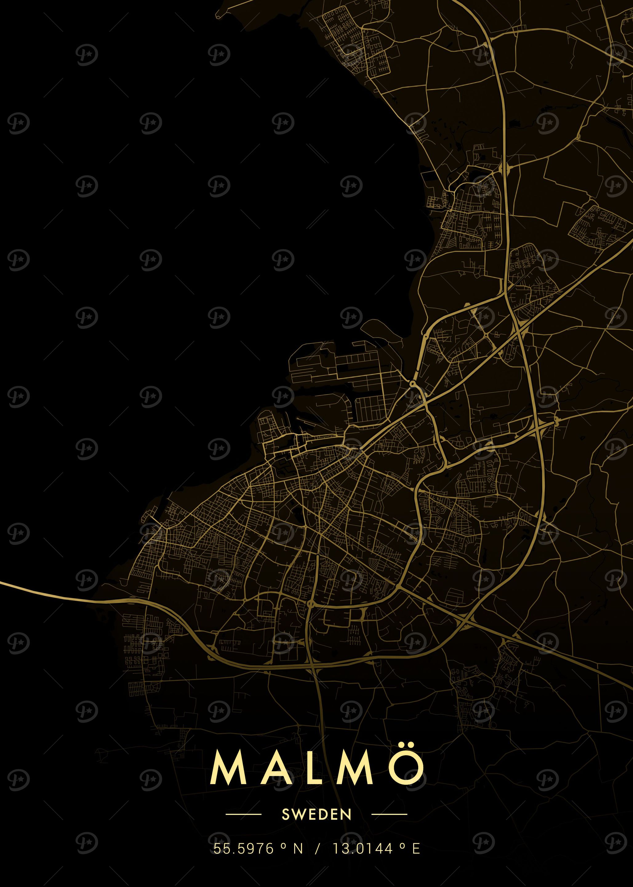 'Malmo City Map Gold' Poster, picture, metal print, paint by MVDZ ...