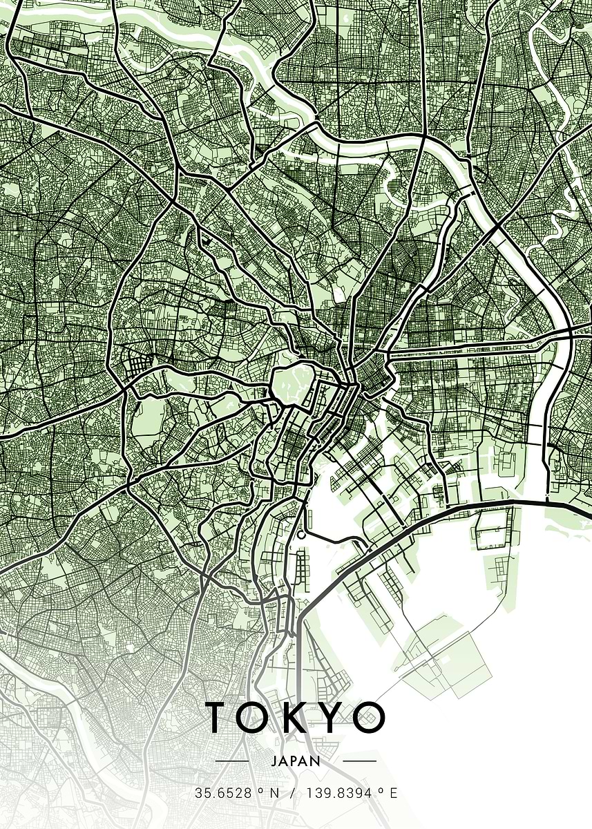 'Tokyo City Map Green' Poster, picture, metal print, paint by MVDZ ...
