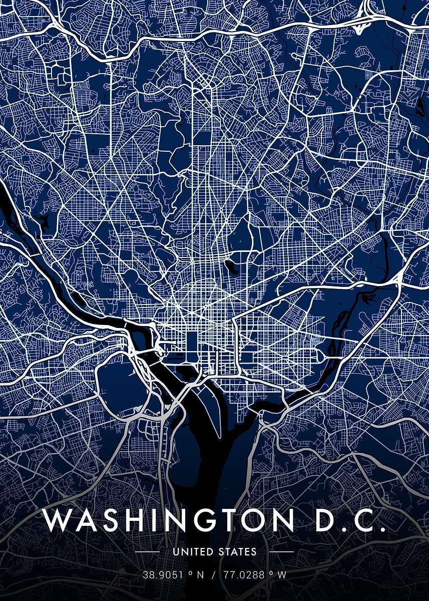 'Washington City Map Blue' Poster, picture, metal print, paint by MVDZ ...