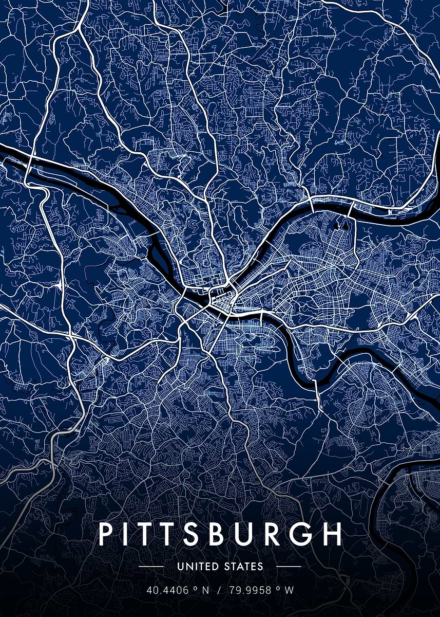 'Pittsburgh City Map Blue' Poster, picture, metal print, paint by MVDZ ...