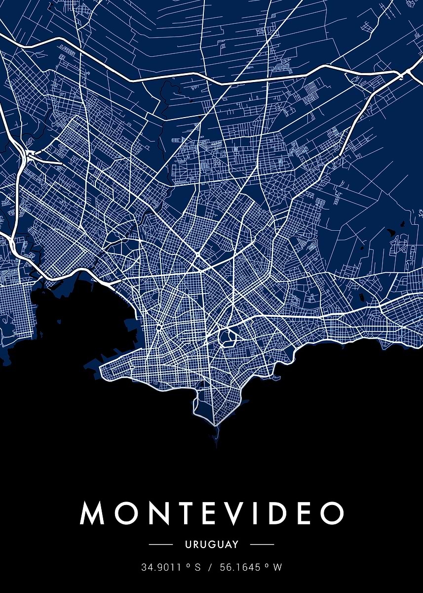 'Montevideo City Map Blue' Poster, picture, metal print, paint by MVDZ ...