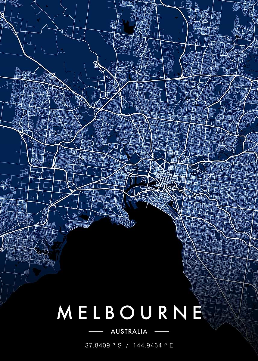 'Melbourne City Map Blue' Poster, picture, metal print, paint by MVDZ ...