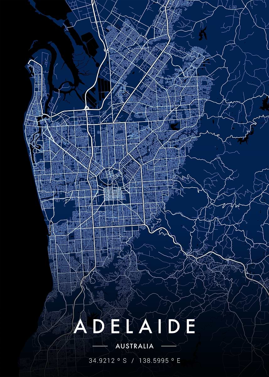 'Adelaide City Map Blue' Poster, picture, metal print, paint by MVDZ ...