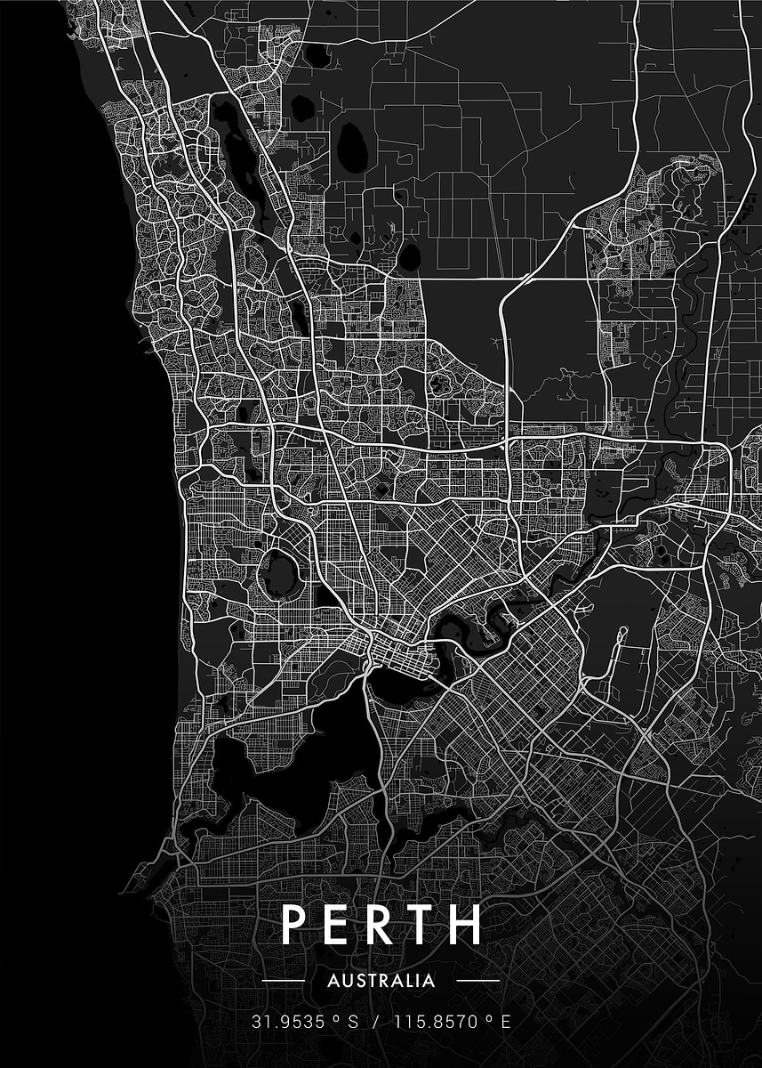 'Perth City Map Dark' Poster, picture, metal print, paint by MVDZ ...