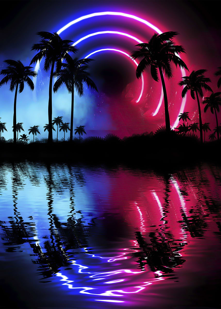 'Neon landscape Palms Arc' Poster, picture, metal print, paint by ...