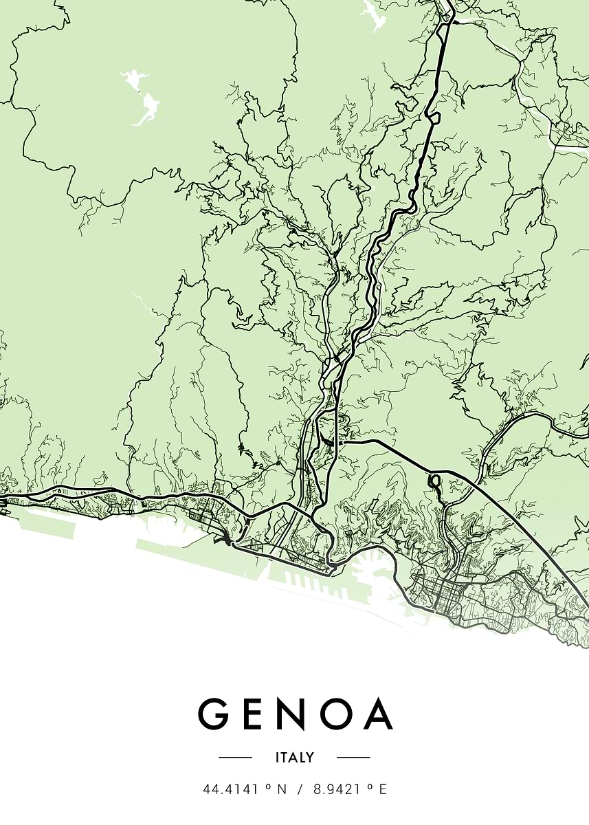 'Genoa City Map Green' Poster, picture, metal print, paint by MVDZ ...