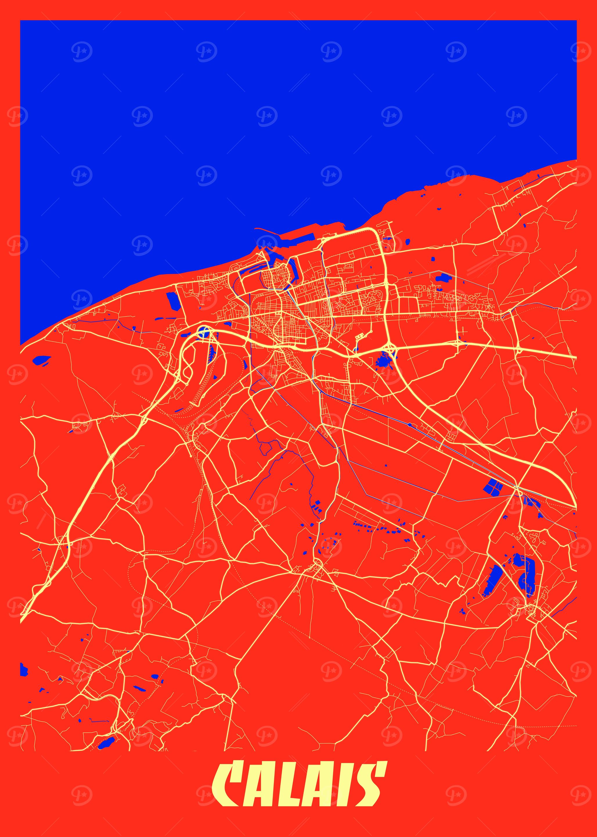 'Calais Retro City Map' Poster, picture, metal print, paint by Tien ...