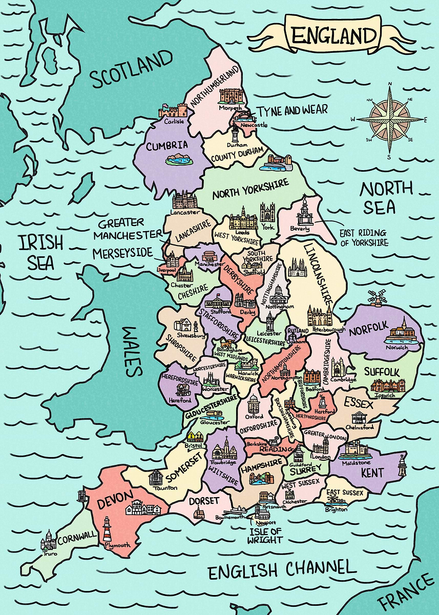 'Colorful England Map ' Poster, picture, metal print, paint by Sheridan ...