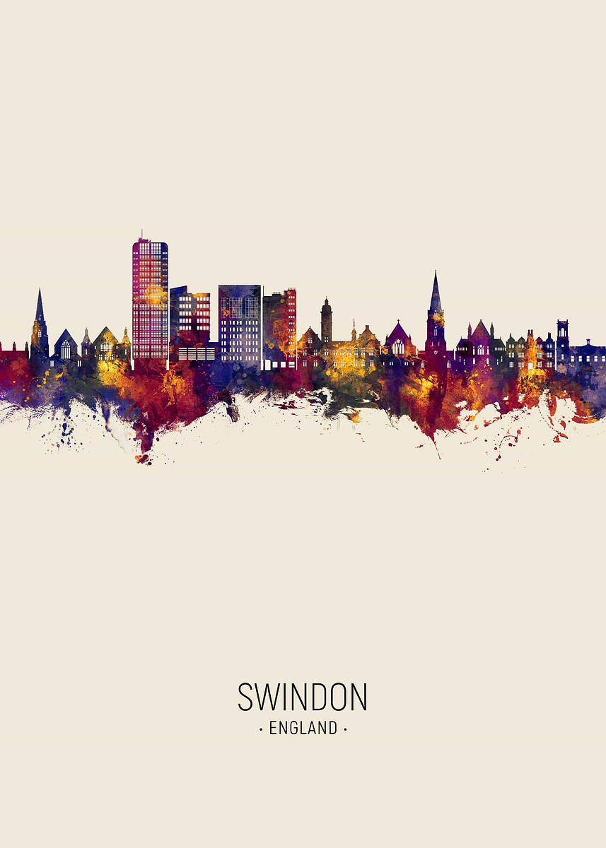 'Swindon Skyline England' Poster, picture, metal print, paint by ...