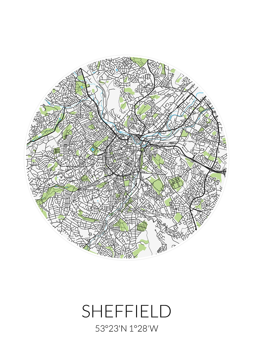 'Sheffield Circle City Map' Poster, picture, metal print, paint by ...