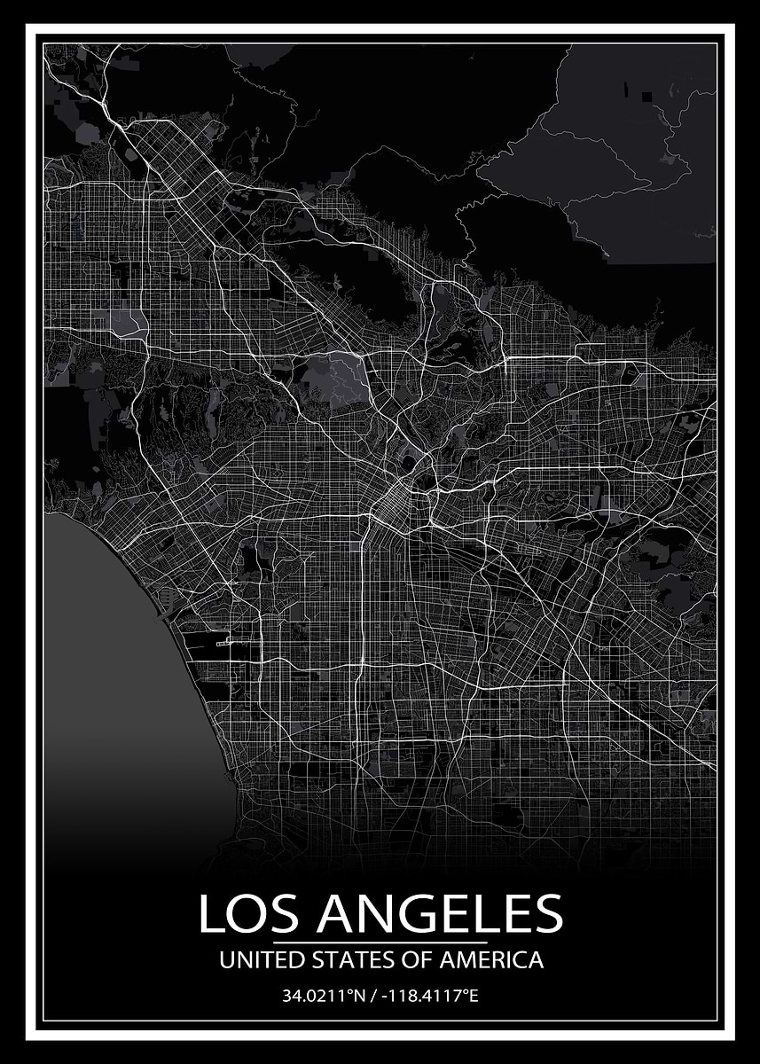 'Los Angeles Black Map' Poster, picture, metal print, paint by Wall Art ...