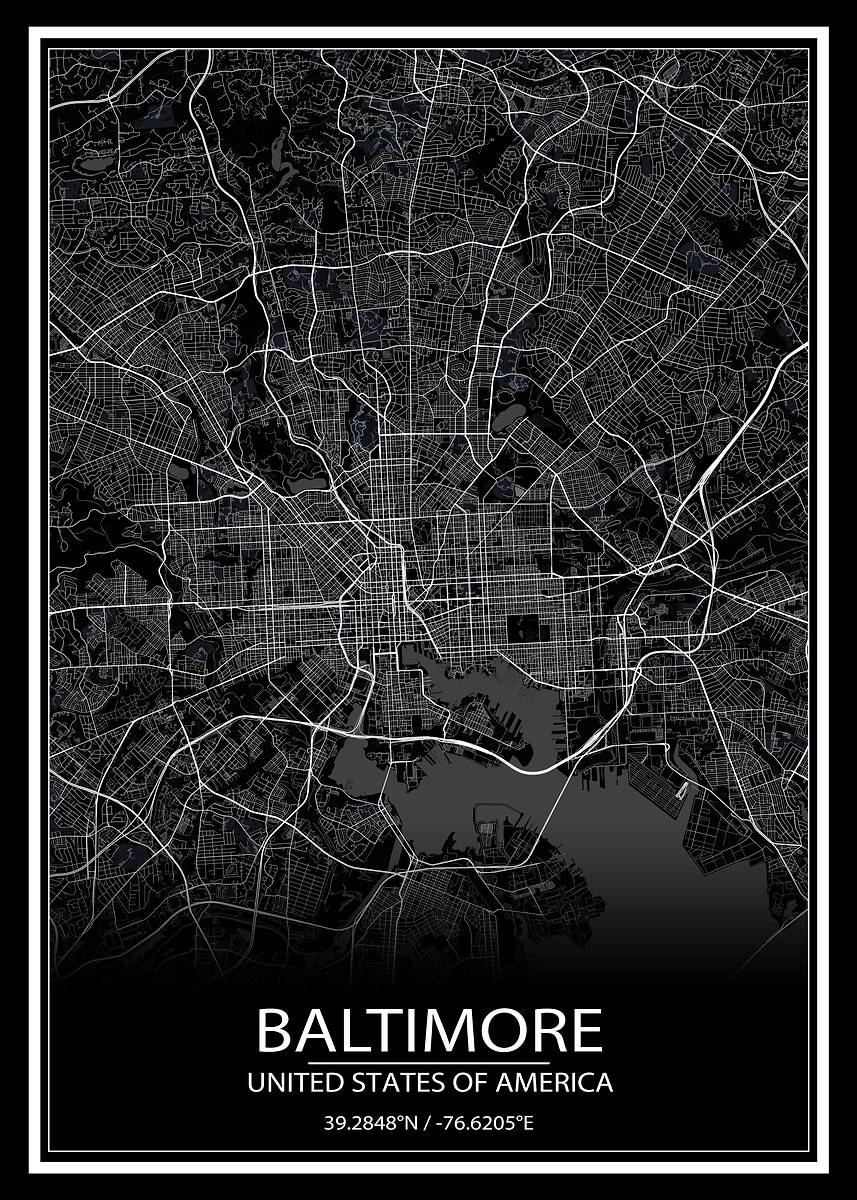 'Baltimore Black Map' Poster, picture, metal print, paint by Wall Art ...