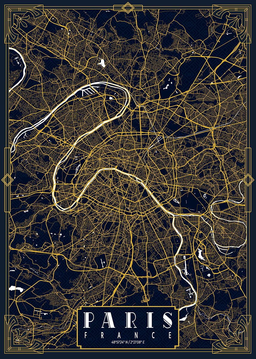 'Paris City Map Art Deco' Poster, picture, metal print, paint by deMAP ...