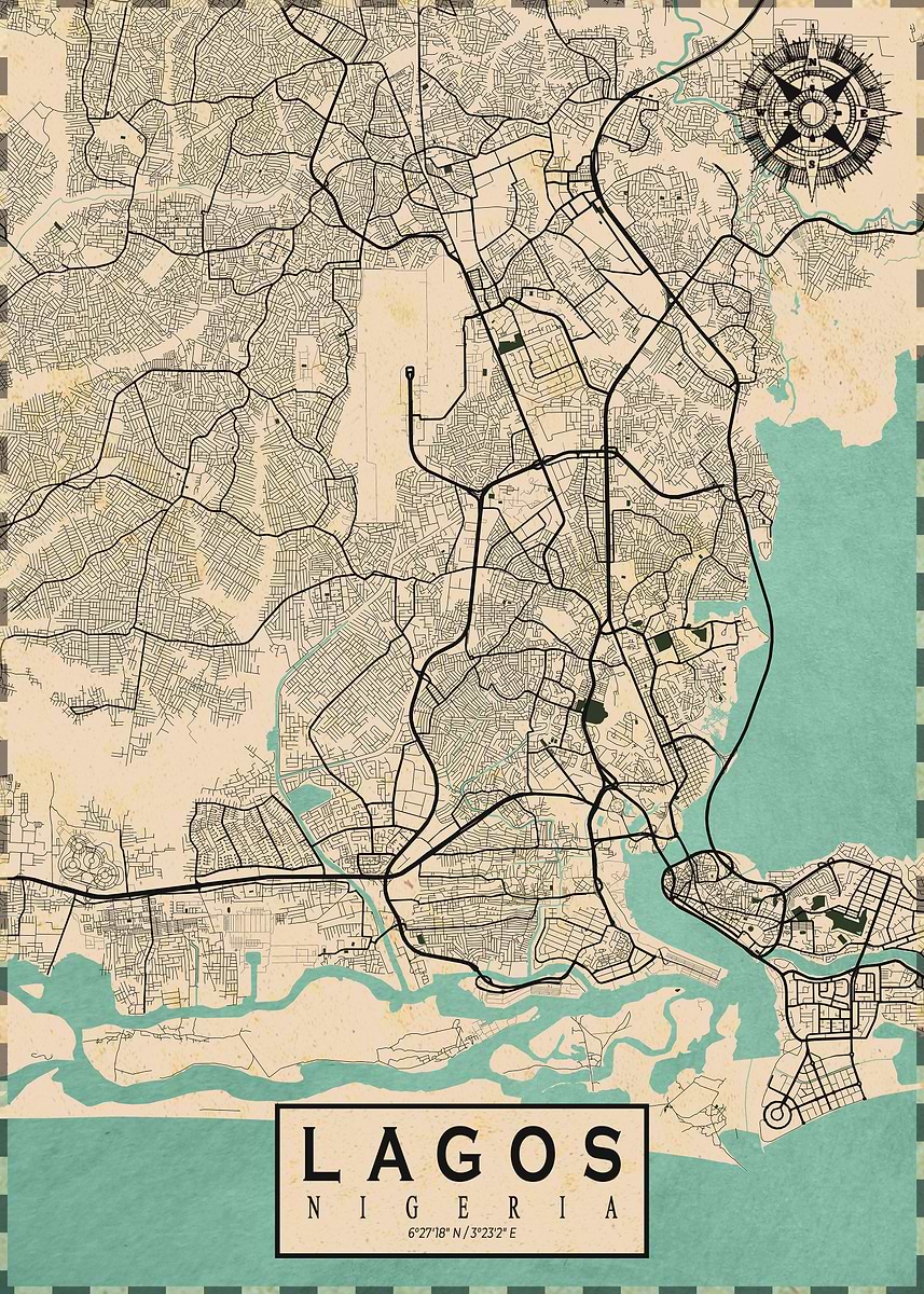 'Lagos City Map Vintage' Poster, picture, metal print, paint by deMAP ...
