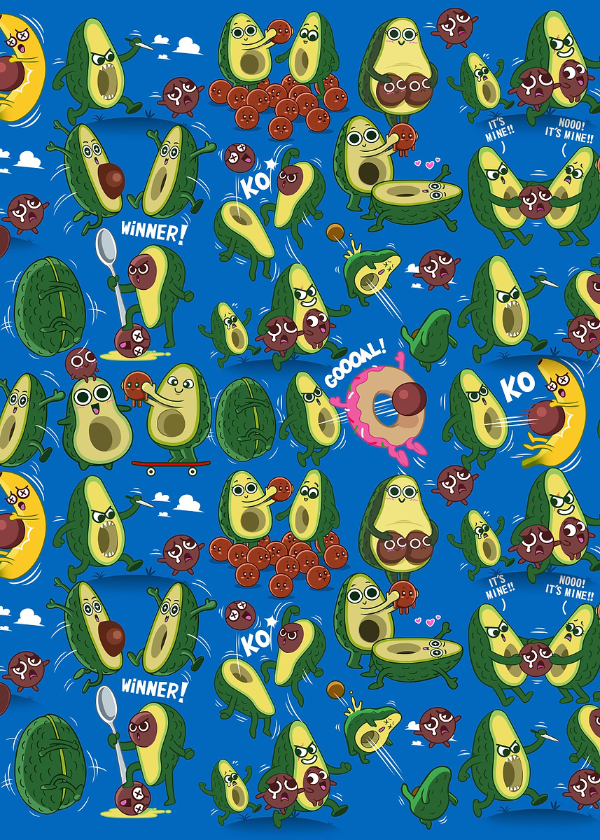 'Funny avocados in action' Poster, picture, metal print, paint by ...