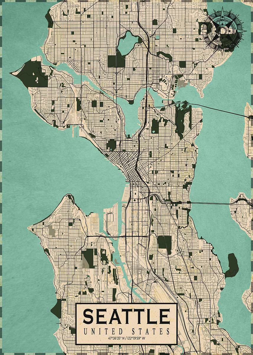 'Seattle City Map Vintage' Poster, picture, metal print, paint by deMAP ...