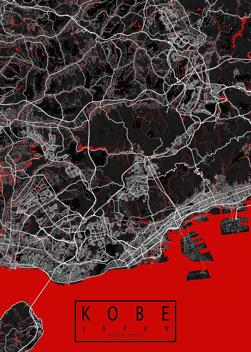 'Kobe City Map Oriental' Poster, picture, metal print, paint by deMAP ...