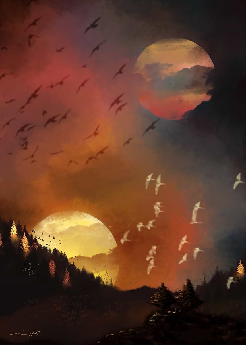 'Binary Sunset' Poster, picture, metal print, paint by Hind Boucherit | Displate