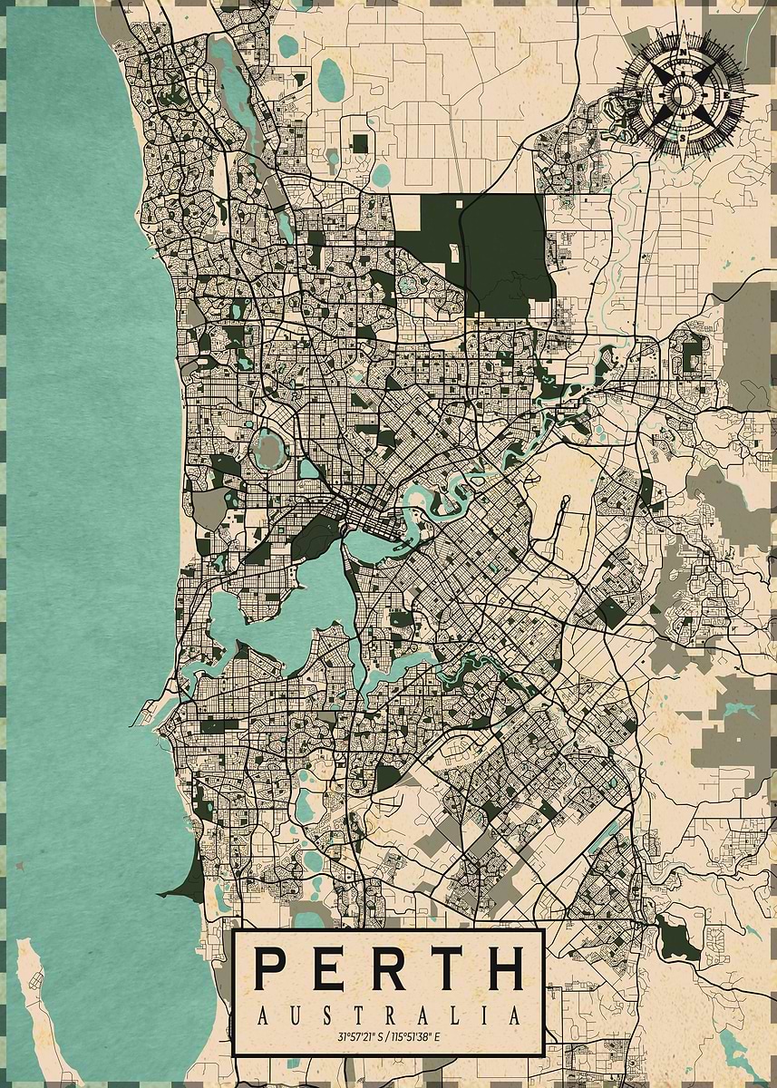 'Perth City Map Vintage' Poster, picture, metal print, paint by deMAP ...