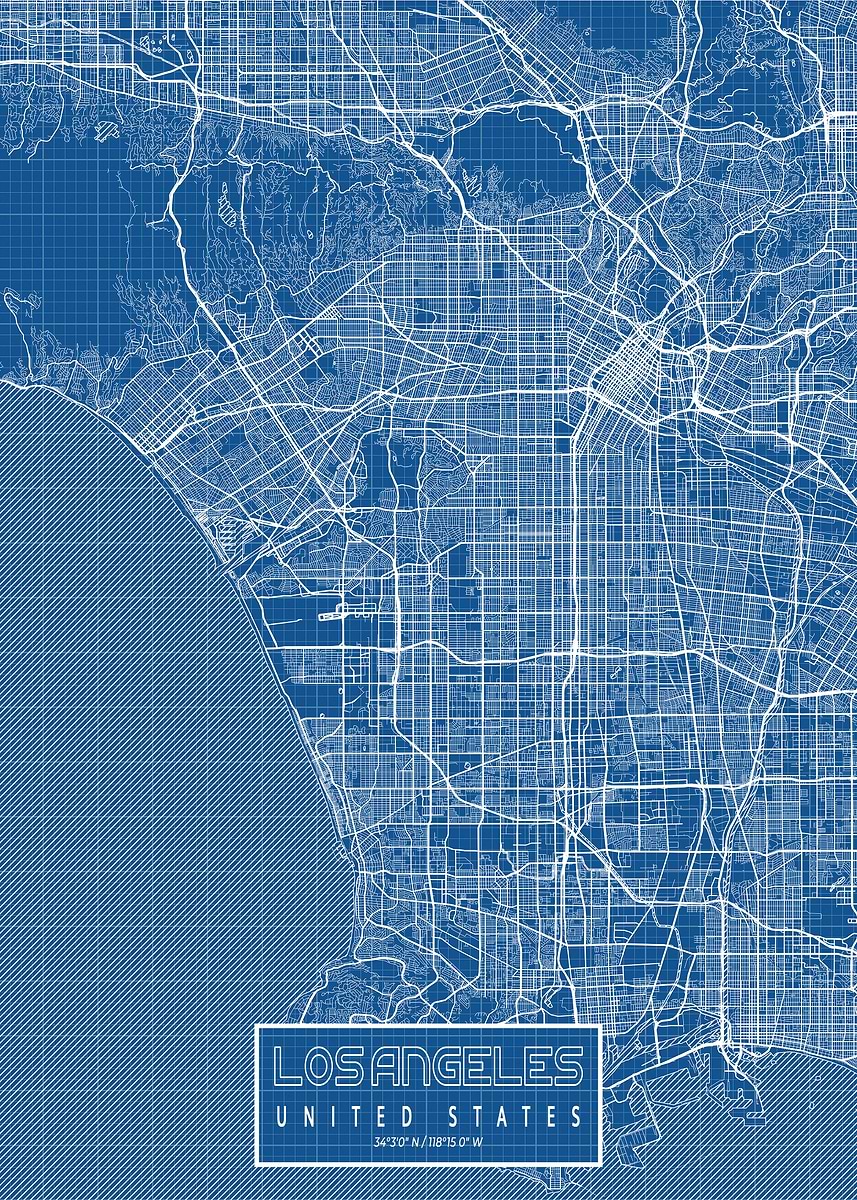 'Los Angeles Map Blueprint' Poster, picture, metal print, paint by ...