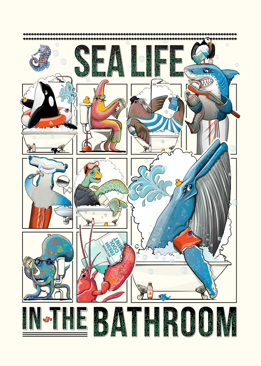 'Sea Life in the Bathroom' Poster, picture, metal print, paint by ...