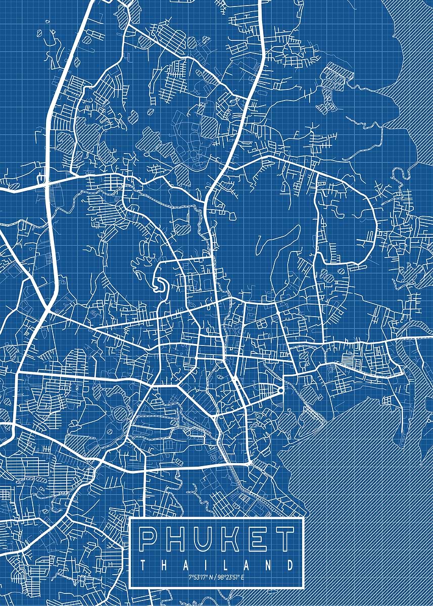 'Phuket City Map Blueprint' Poster, picture, metal print, paint by ...