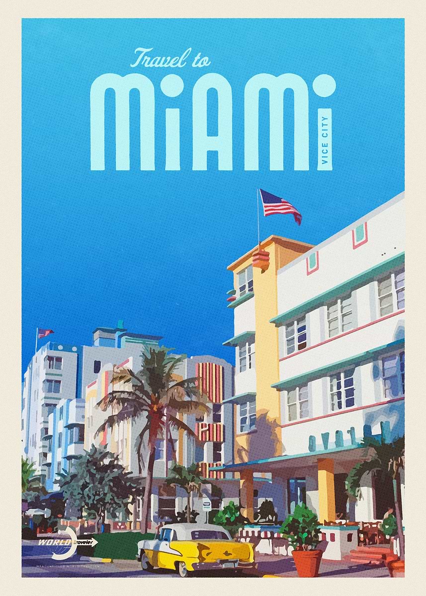 'Travel to Miami' Poster, picture, metal print, paint by Mercury Club ...