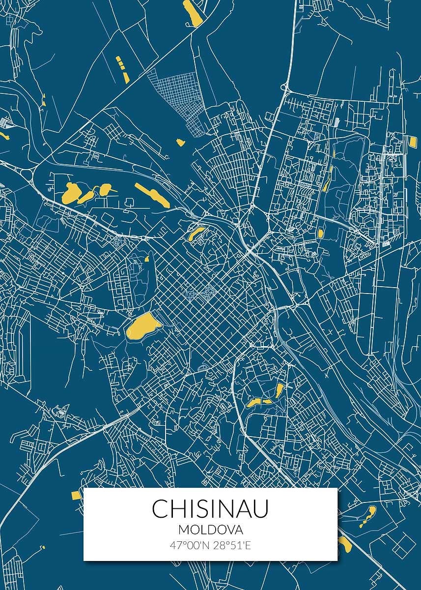 'Chisinau Map Blue White' Poster, picture, metal print, paint by ...