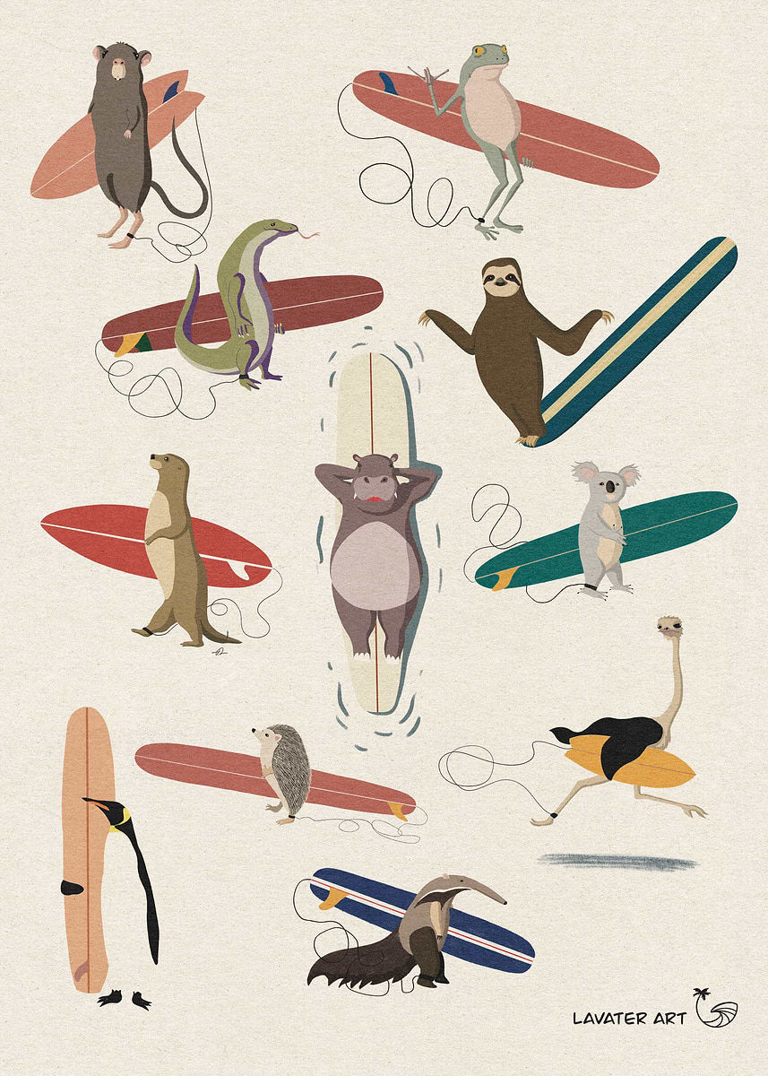 'Surfing Animals II' Poster, picture, metal print, paint by Fabian ...