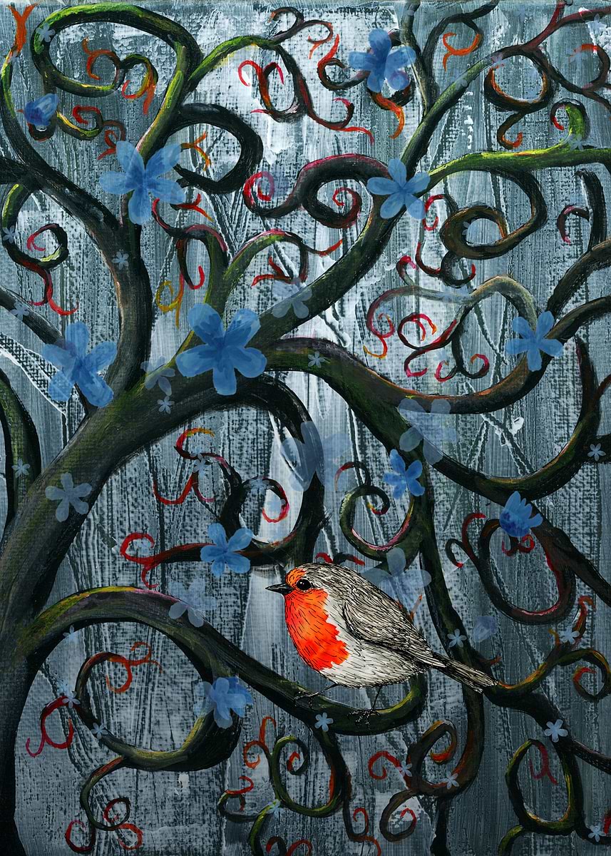 ' Curly tree with robin' Poster, picture, metal print, paint by Bianca ...