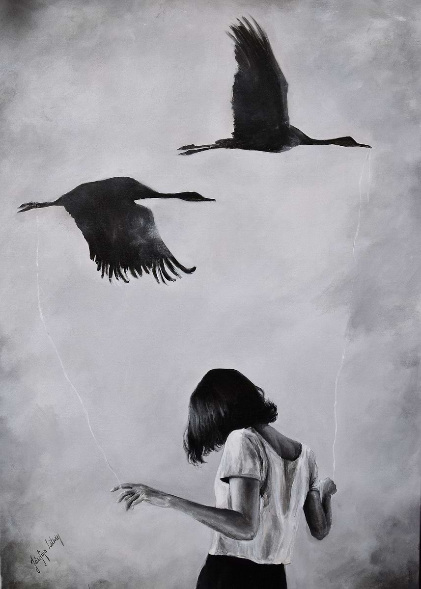 'Take me artwork w cranes' Poster, picture, metal print, paint by ...