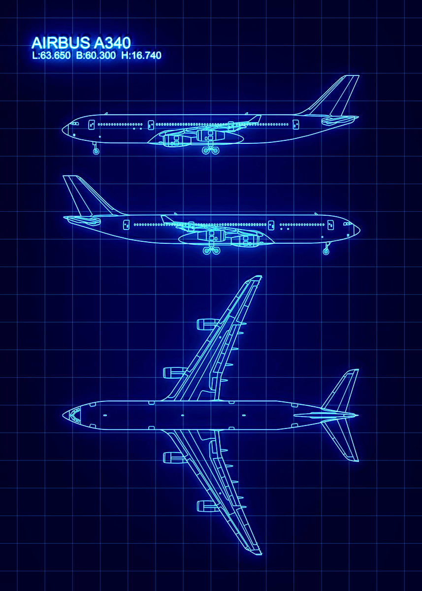 'AIRBUS A340' Poster, picture, metal print, paint by Black Iris | Displate