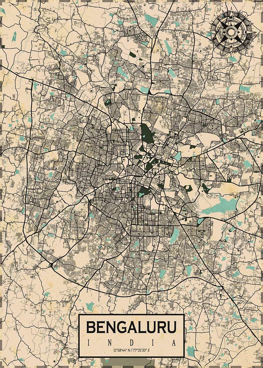'Bangalore Map Vintage' Poster, picture, metal print, paint by deMAP ...