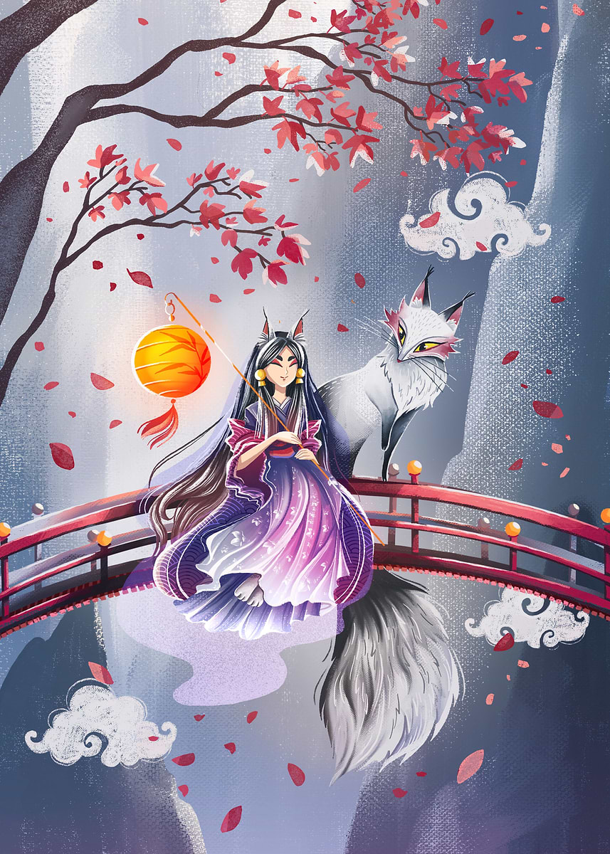 'Kitsune' Poster, picture, metal print, paint by Evgenia Lumfur | Displate