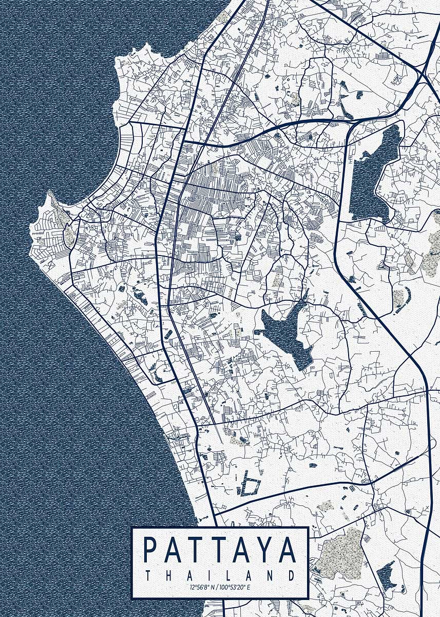 'Pattaya City Map Coastal' Poster, picture, metal print, paint by deMAP ...