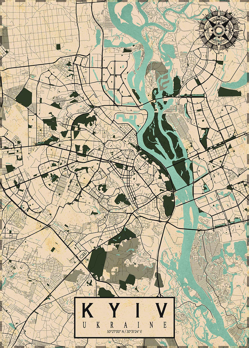 'Kyiv City Map Vintage' Poster, picture, metal print, paint by deMAP ...