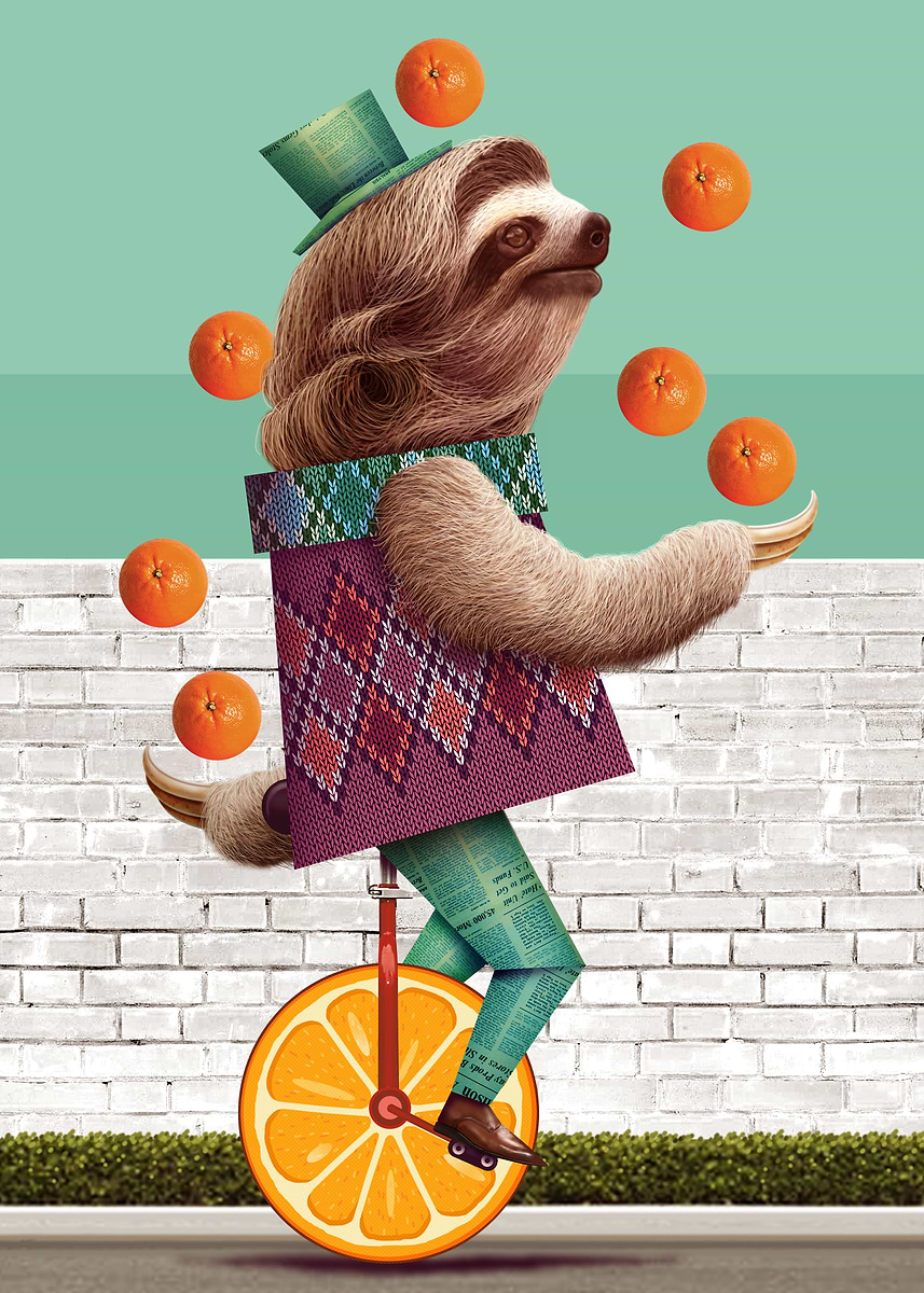 'THE JUGGLER SLOTH' Poster, picture, metal print, paint by Adam Lawless ...