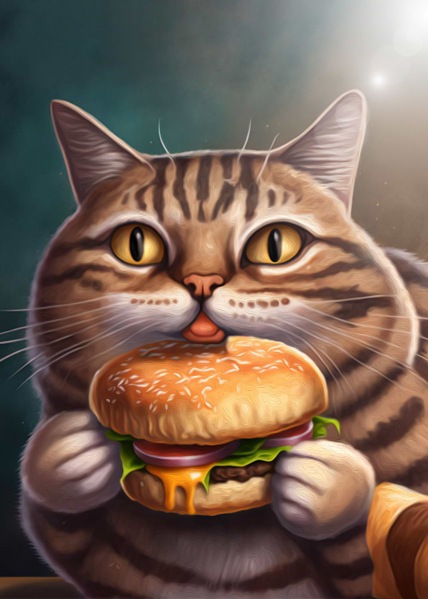 'Funny Cat Eating Burger' Poster, picture, metal print, paint by Super ...