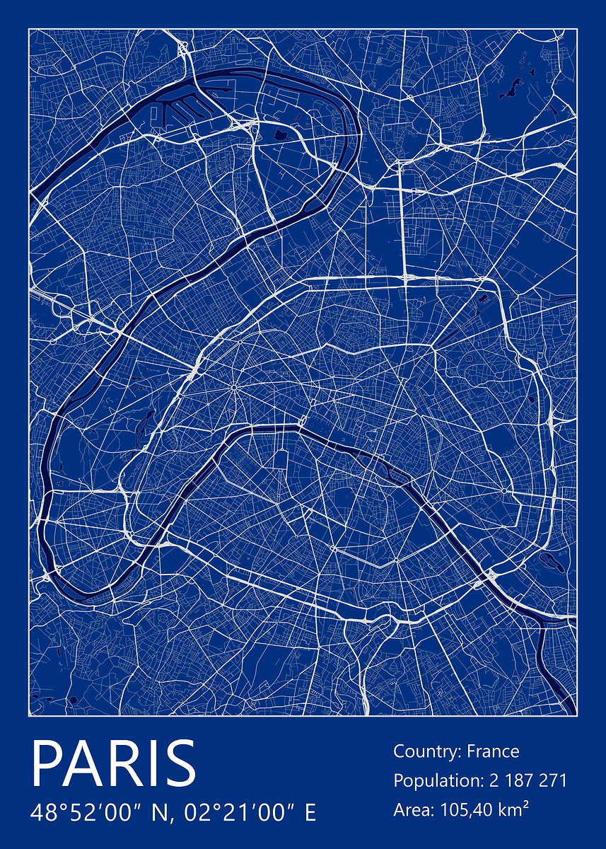 'Paris Blueprint' Poster, picture, metal print, paint by TomGeo | Displate
