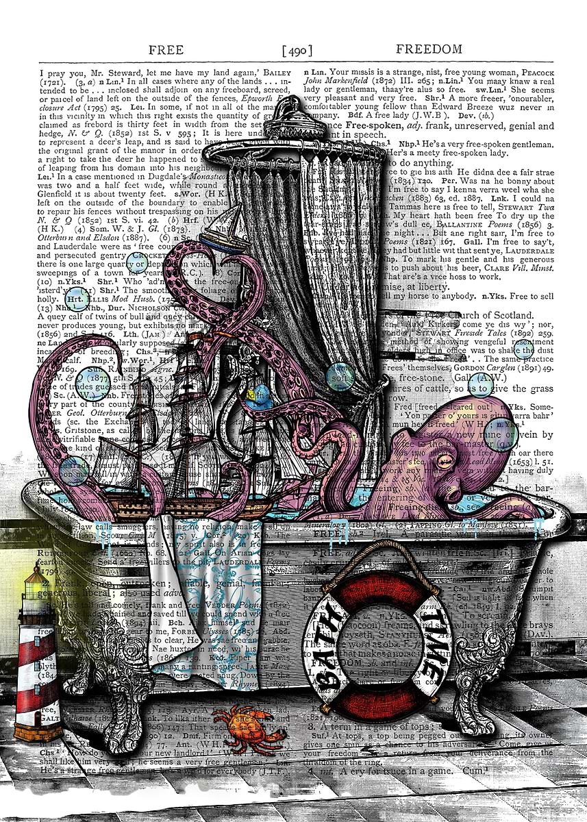 'Octopus in a Bathtub' Poster, picture, metal print, paint by Ludo Enko ...