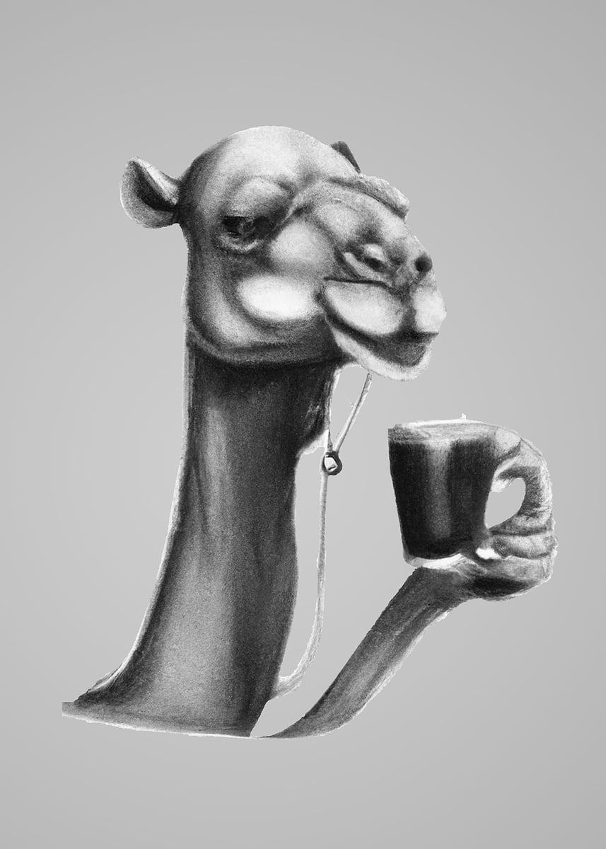 'camel drink coffe' Poster, picture, metal print, paint by aris ...