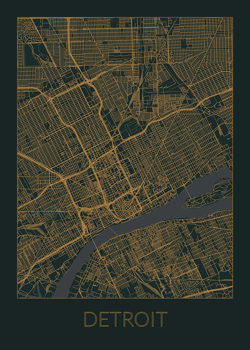 'Detroit Gray Orange Map' Poster, picture, metal print, paint by ...