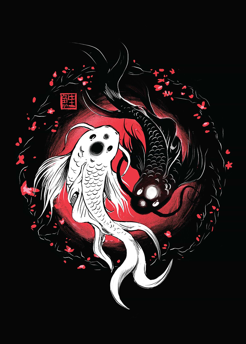 'Yin Yang Koi Fish' Poster, picture, metal print, paint by Adam | Displate