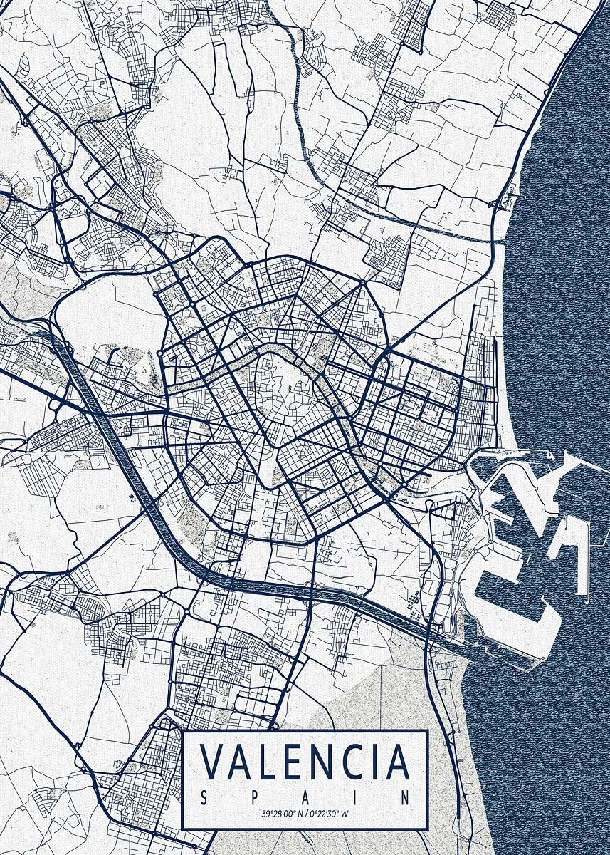 'Valencia City Map Coastal' Poster, picture, metal print, paint by ...