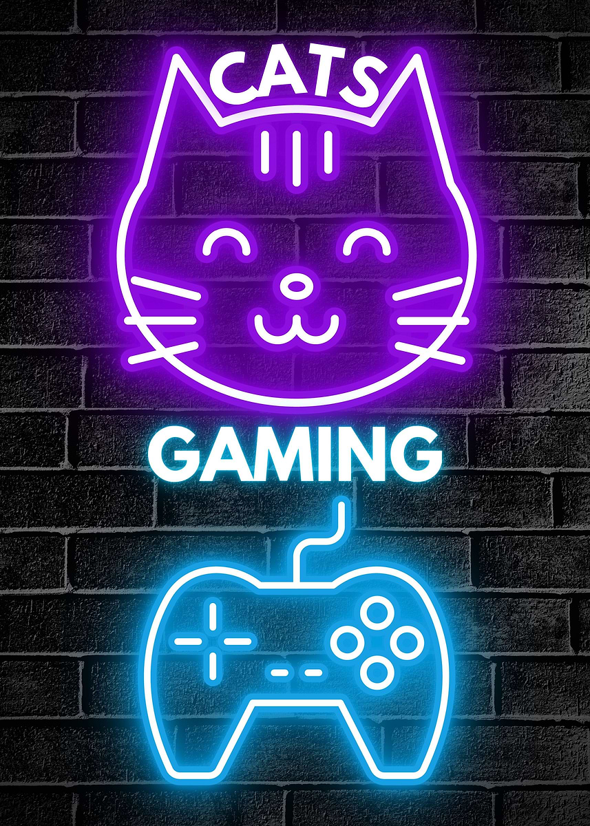 'cat and gaming cat neon' Poster, picture, metal print, paint by Trisya ...