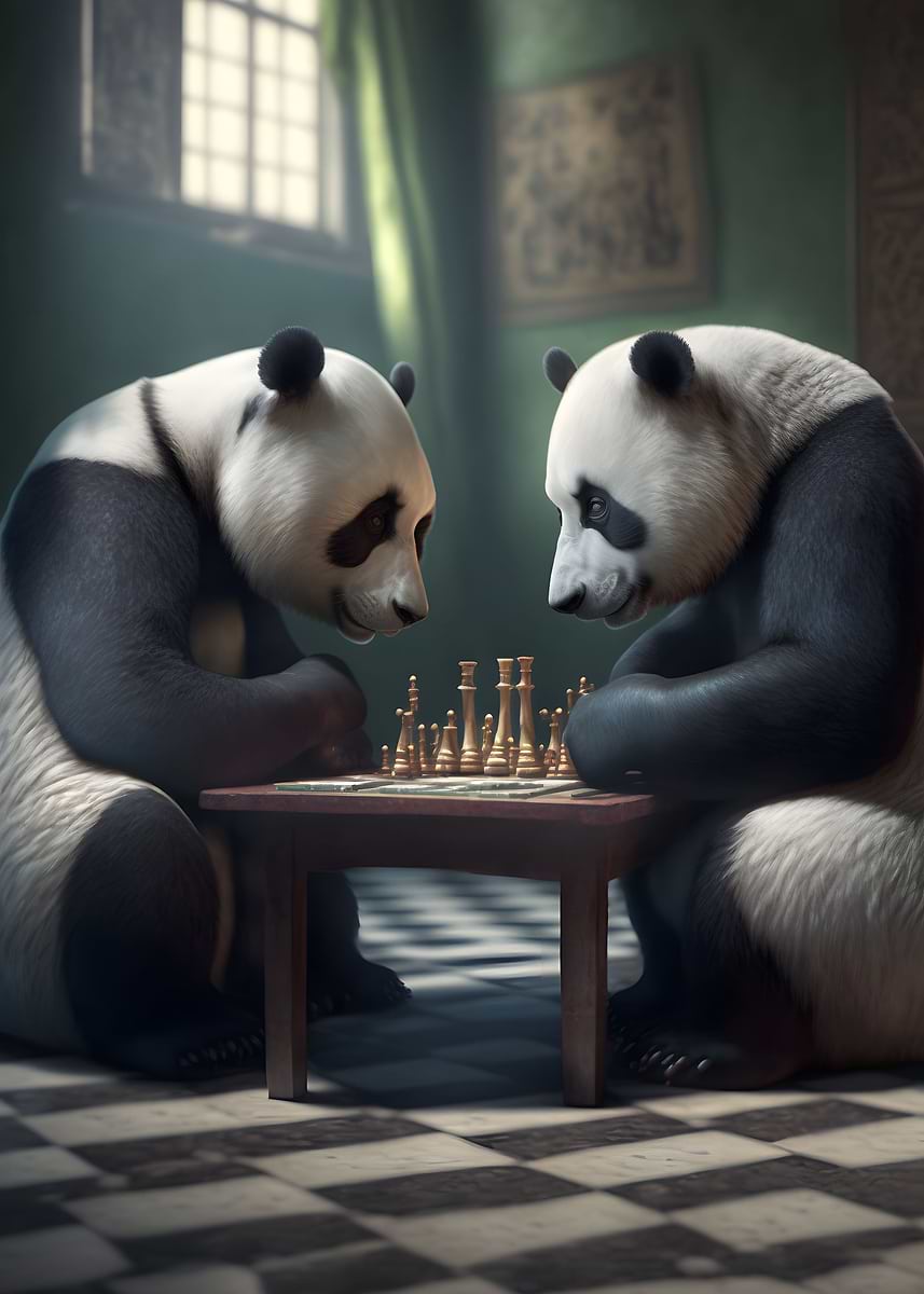 'Pandas playing Chess' Poster, picture, metal print, paint by David ...