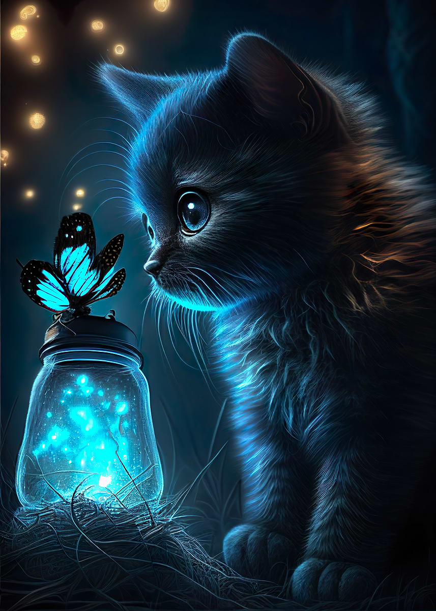 'Cat with butterfly' Poster, picture, metal print, paint by Dennex ...